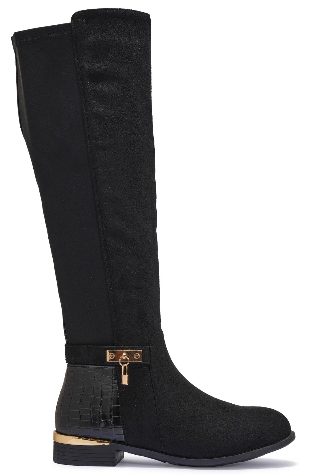 Ladies Womens Fashion Buckle Knee High Stretch Calf Leg Zip Flat Heel Boots Size Ebay